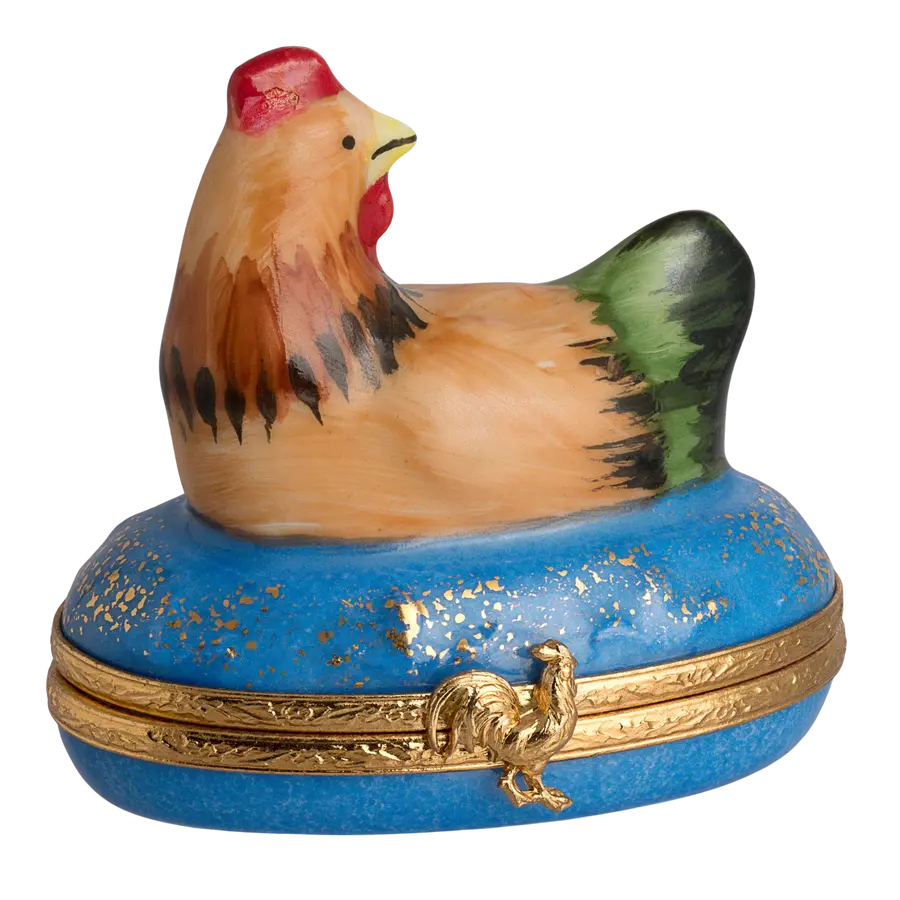 Hen On Blue Base Limoges Box Porcelain Figurine
